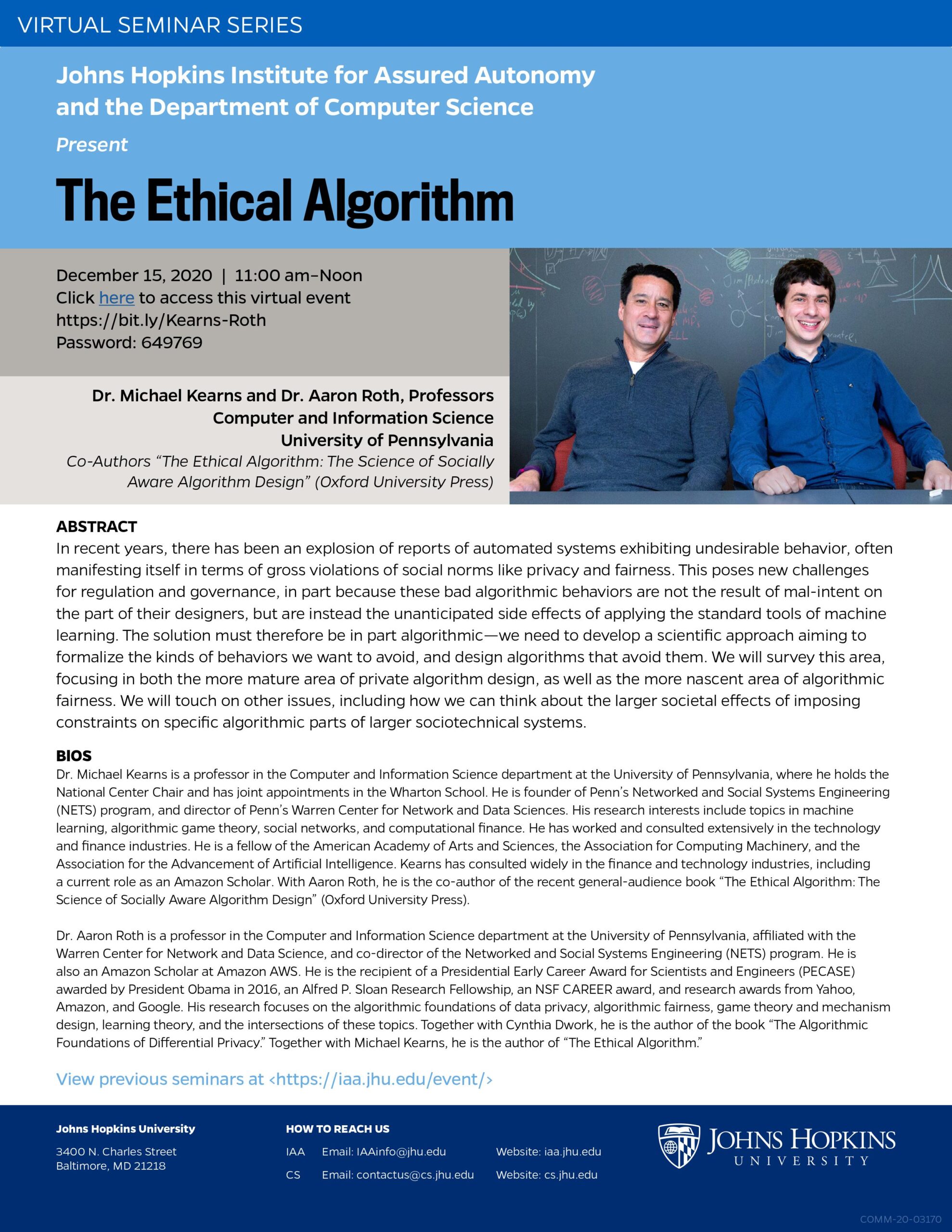 Michael Kearns and Aaron Roth (U. Penn) - The Ethical Algorithm - Johns Hopkins Institute for ...