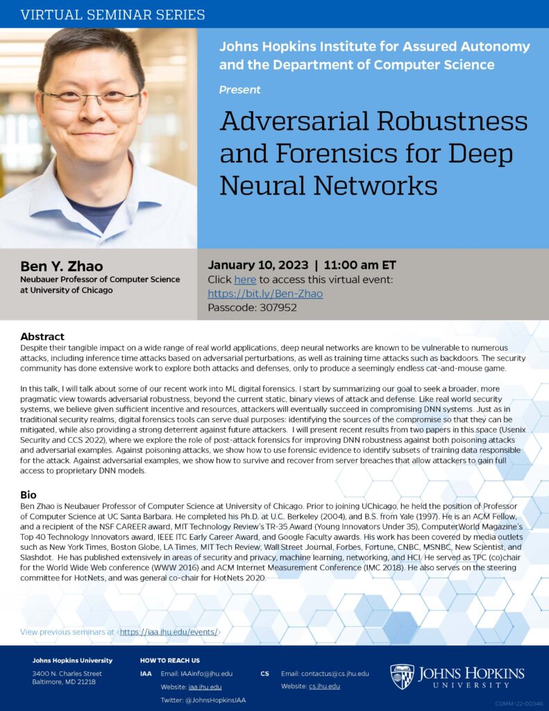 IAA Seminar Series - Ben Zhao, "Adversarial Robustness and Forensics for Deep Neural Networks ...